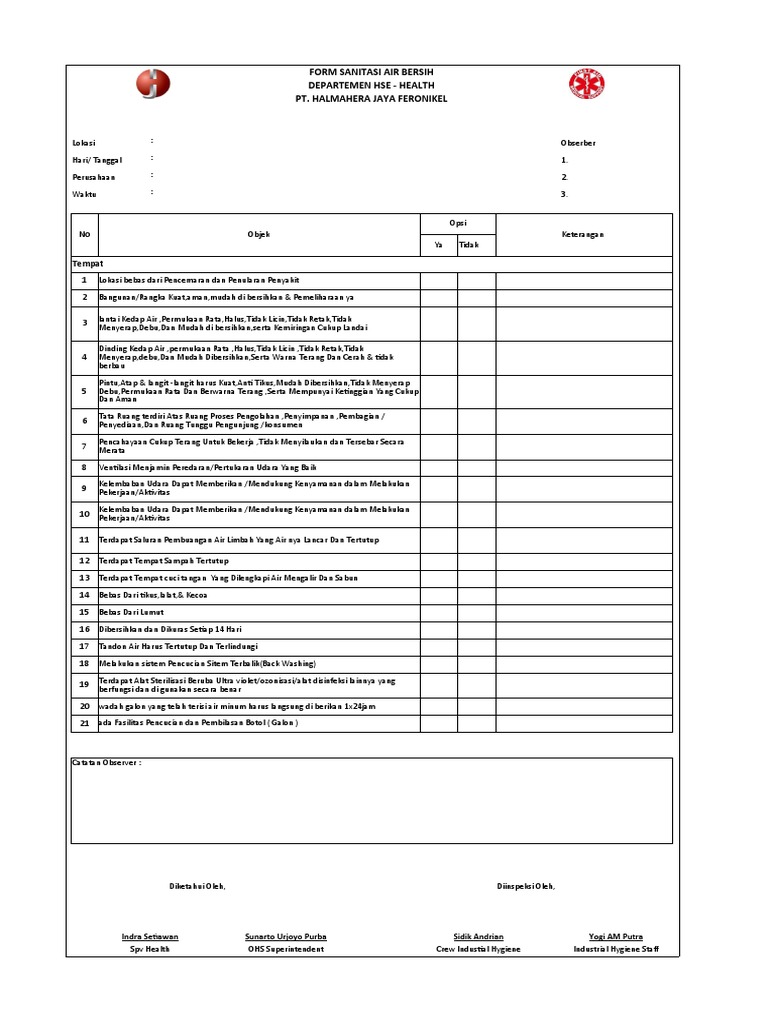 Form Inspeksi Sanitasi Air | PDF