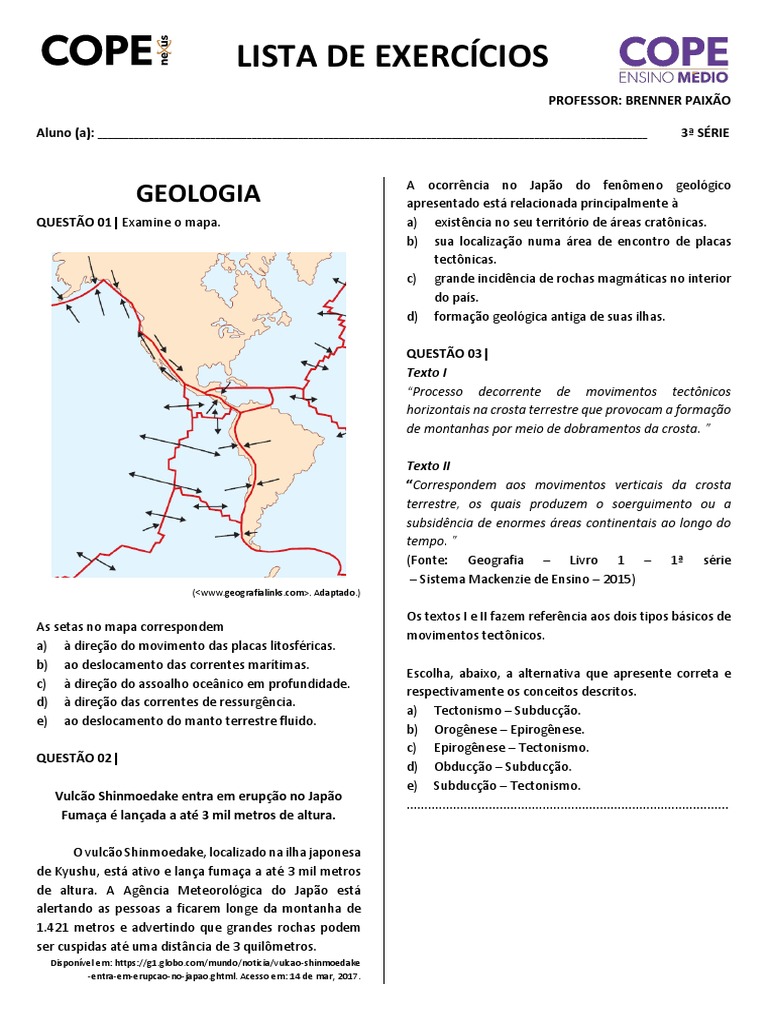 Lista de exercícios de geologia com questões sobre tipos de rochas ...