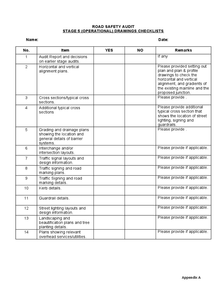Stage 5 Drawing Checklist | PDF | Road Infrastructure | Road Transport
