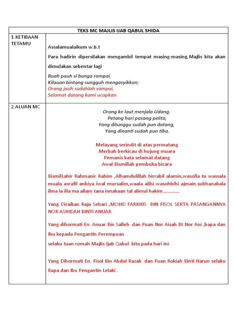 Teks MC Majlis Ijab Qabul Shida | PDF