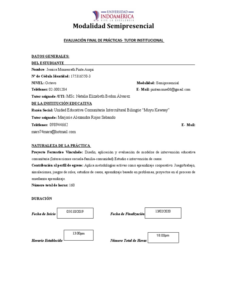 Modalidad Semipresencial: Evaluación Final de Prácticas-Tutor Institucional | PDF | Evaluación ...