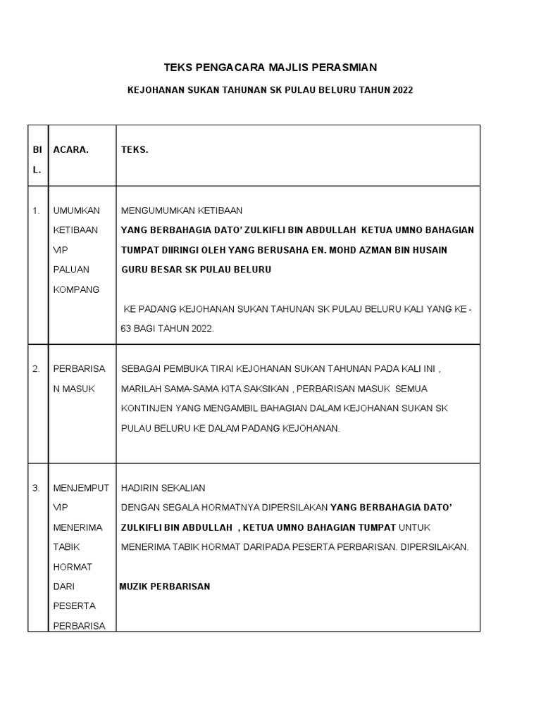 Teks Pengacara Majlis Perasmian Kejohanan Sukan SKPB Latest | PDF