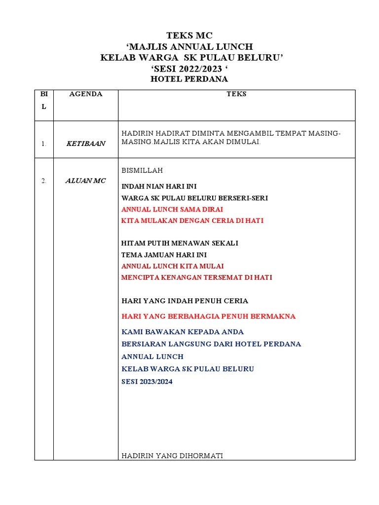 Teks MC Annual Luch SKPB 2023 | PDF
