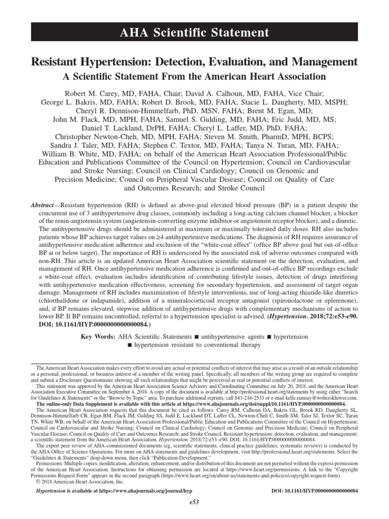 AHA Scientific Statement: Resistant Hypertension: Detection, Evaluation, and Management | PDF ...