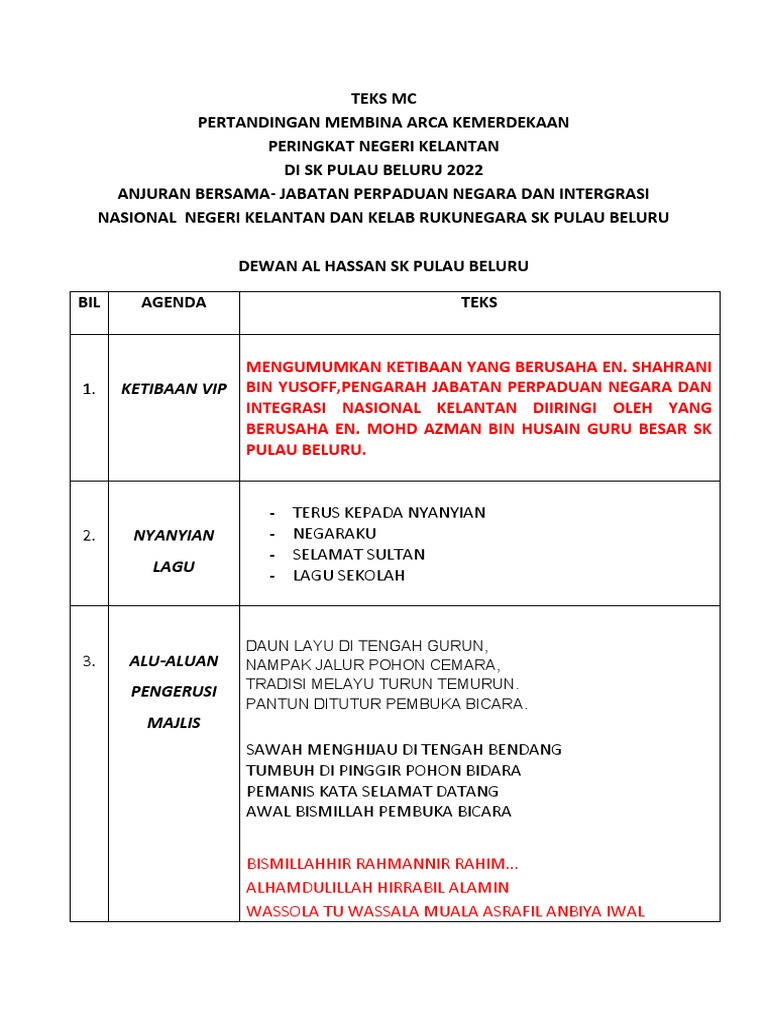Teks MC Pertandingan Membina Arca Kemerdekaan 2022 | PDF