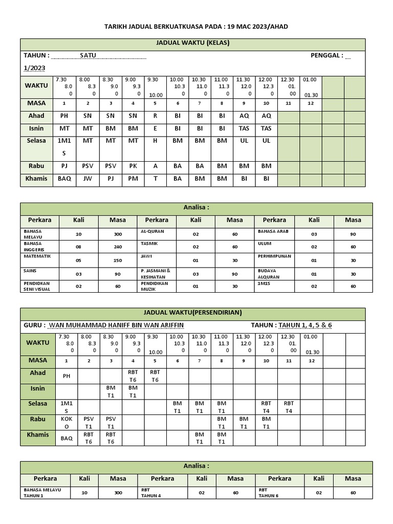 Template Jadual Waktu 2023 | PDF