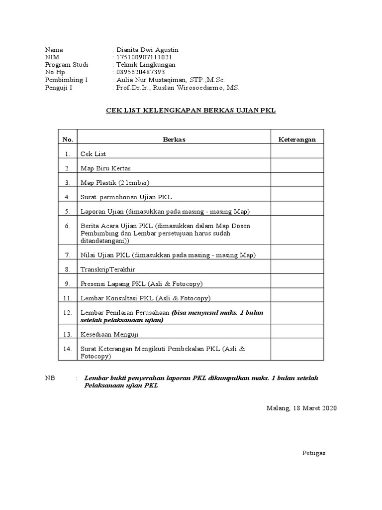 1 Cek List Ujian PKL 1 | PDF