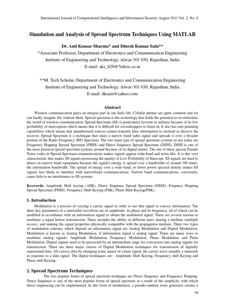 Paper 4 Simulation And Analysis Of Spread Spectrum Techniques Using Matlab Pdf Modulation