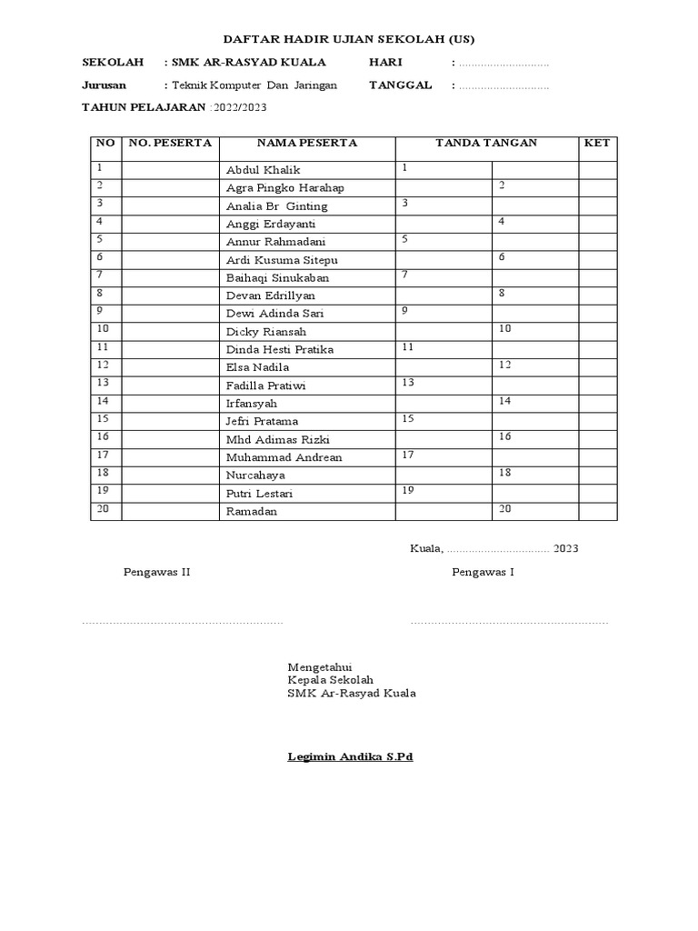 Daftar Hadir Us 12 TKJ 23 | PDF