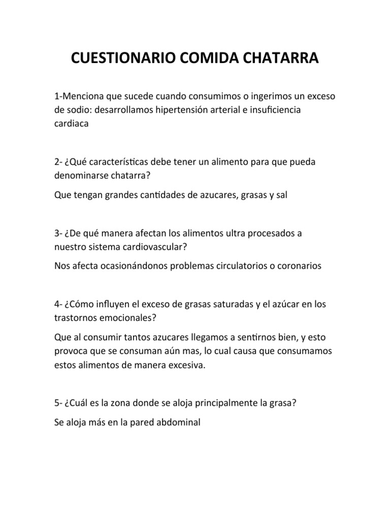 20 Preguntas sobre Comida Chatarra | PDF