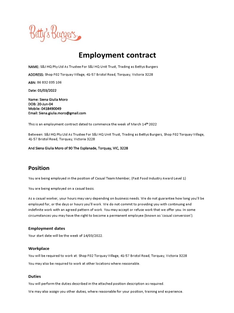 Employment Contract: Position | PDF | Employment | Working Time
