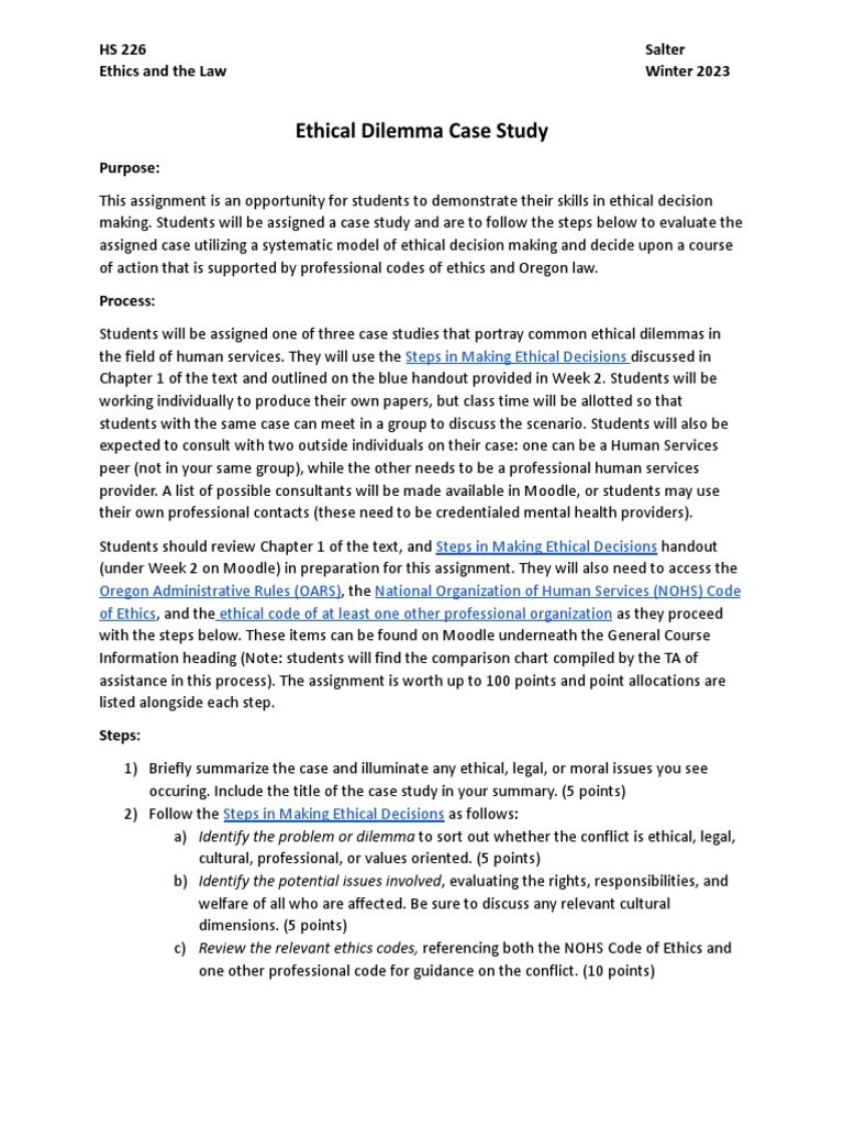 Ethical Dilemma Case Study: HS 226 Salter Ethics and The Law Winter ...