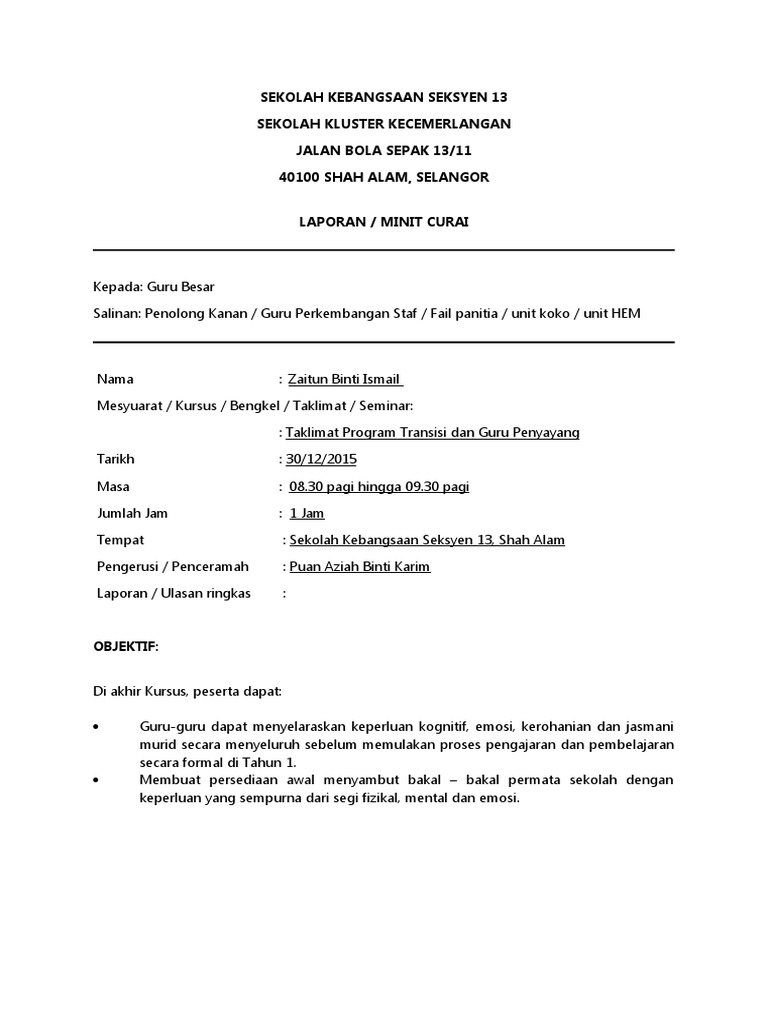 Minit Curai Taklimat Transisi | PDF