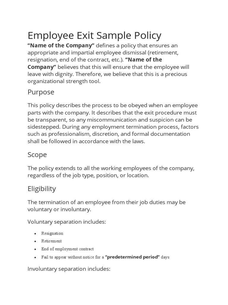 Employee Exit Sample Policy: Purpose | PDF
