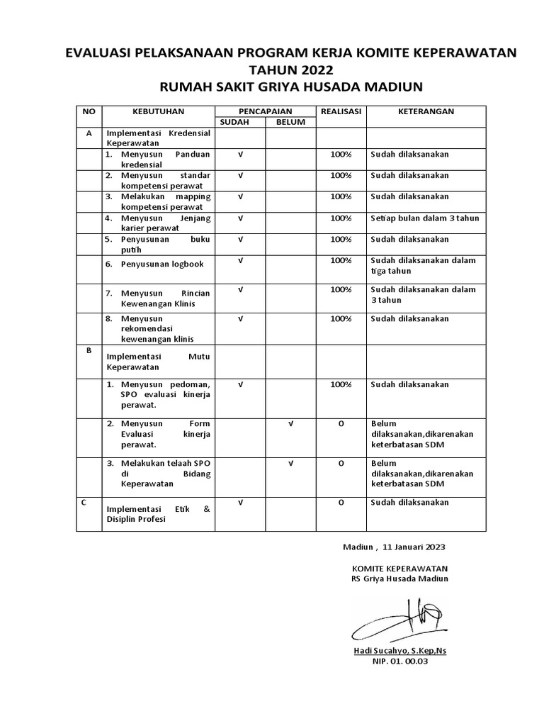 Evaluasi Pelaksanaan Program Kerja Komite Keperawatan | PDF