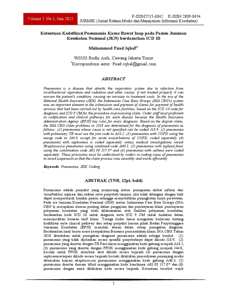 Ketentuan Kodefikasi Pneumonia Kasus Rawat Inap Pada Pasien Jaminan Kesehatan Nasional (JKN ...