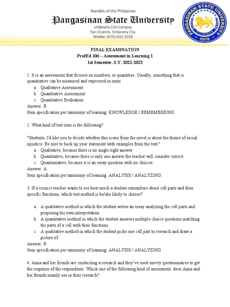 Final Examination Profed 106 - Assessment in Learning 1 1St Semester, S.Y. 2022-2023 | Download ...