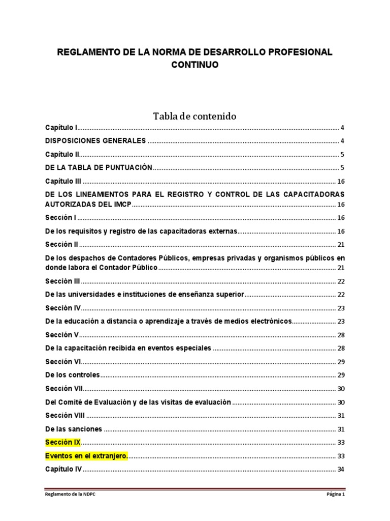 Tabla de Contenido: Reglamento de La Norma de Desarrollo Profesional Continuo | PDF | normas ...