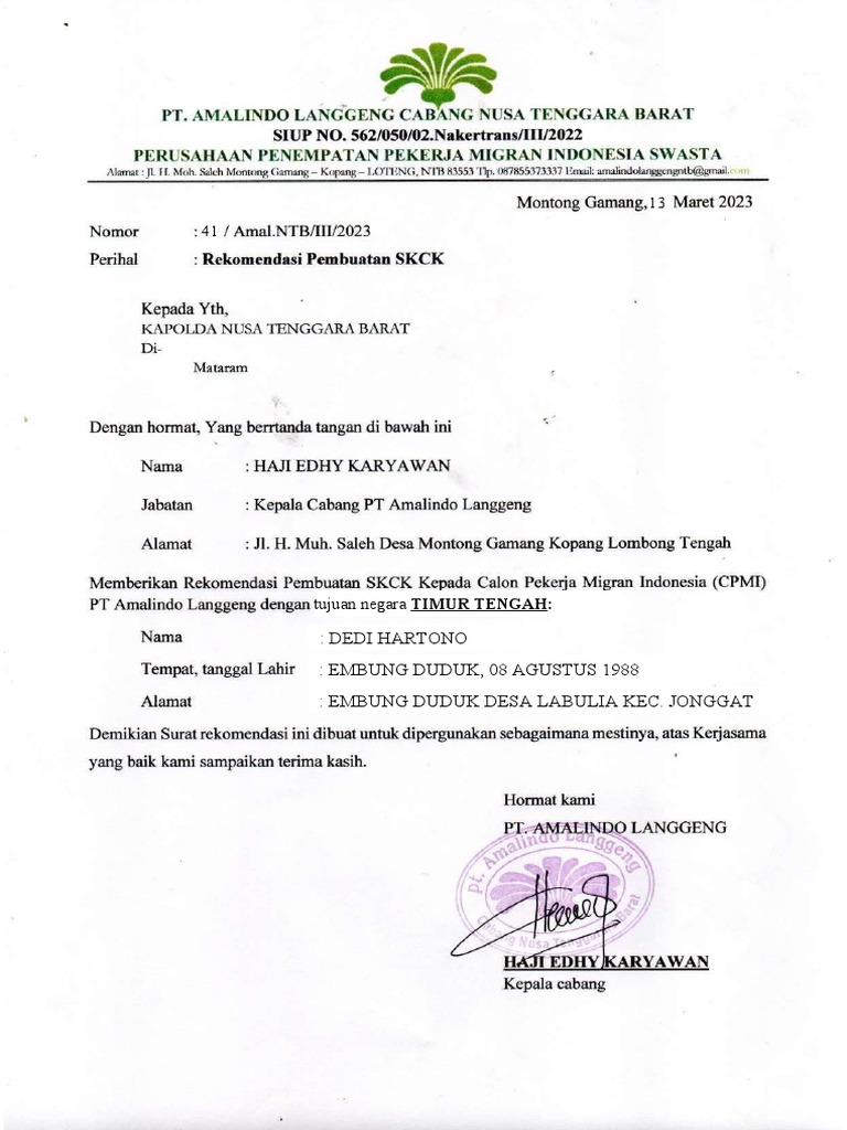 Contoh rekomendasi skck | PDF
