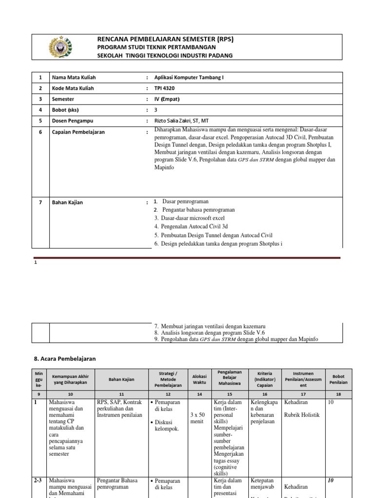 RPS Aplikasi Komputer Tambang I | PDF