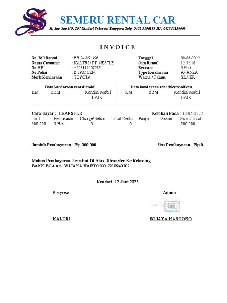 Semeru Rental Car: Invoice | PDF
