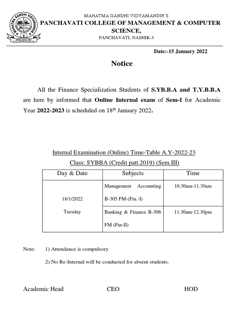 Notice Internal Exam 2022 | PDF