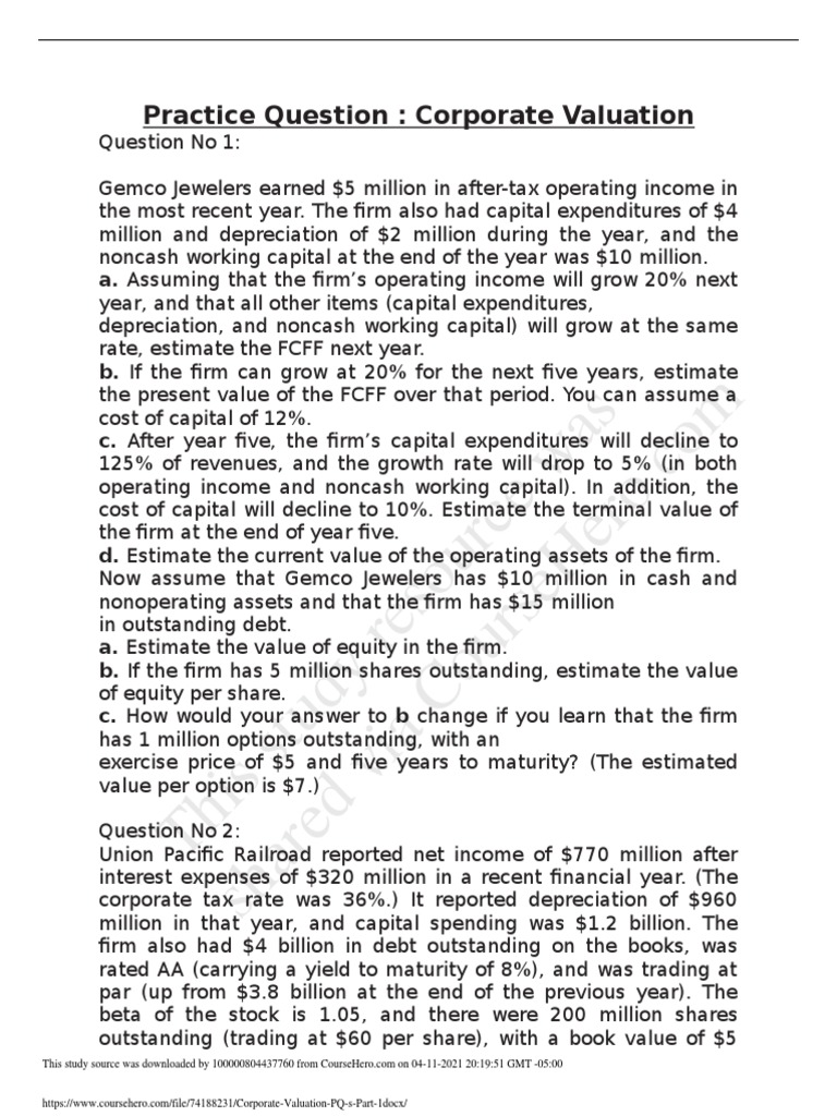 Corporate Valuation Pq S Part 1 Pdf Cost Of Capital Book Value