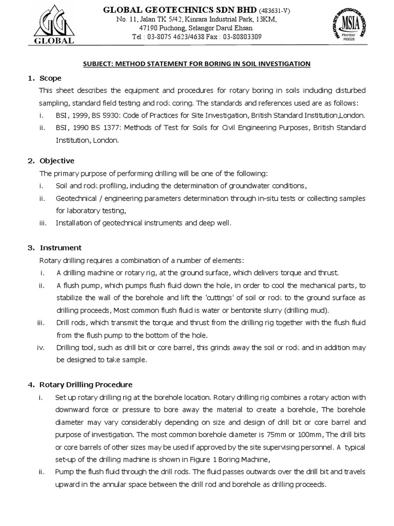 Method Statement For Soil Drilling | PDF | Geotechnical Engineering | Drilling