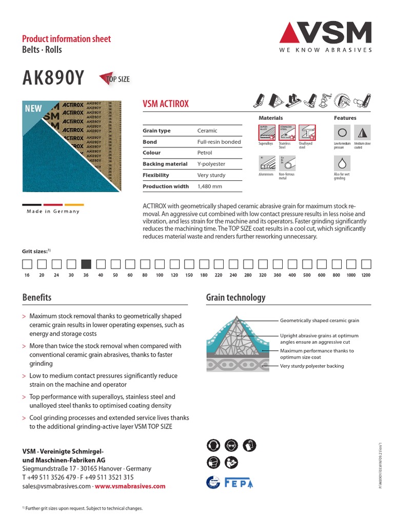 VSM Product Data Sheet AK890Y EN | PDF | Grinding (Abrasive Cutting ...