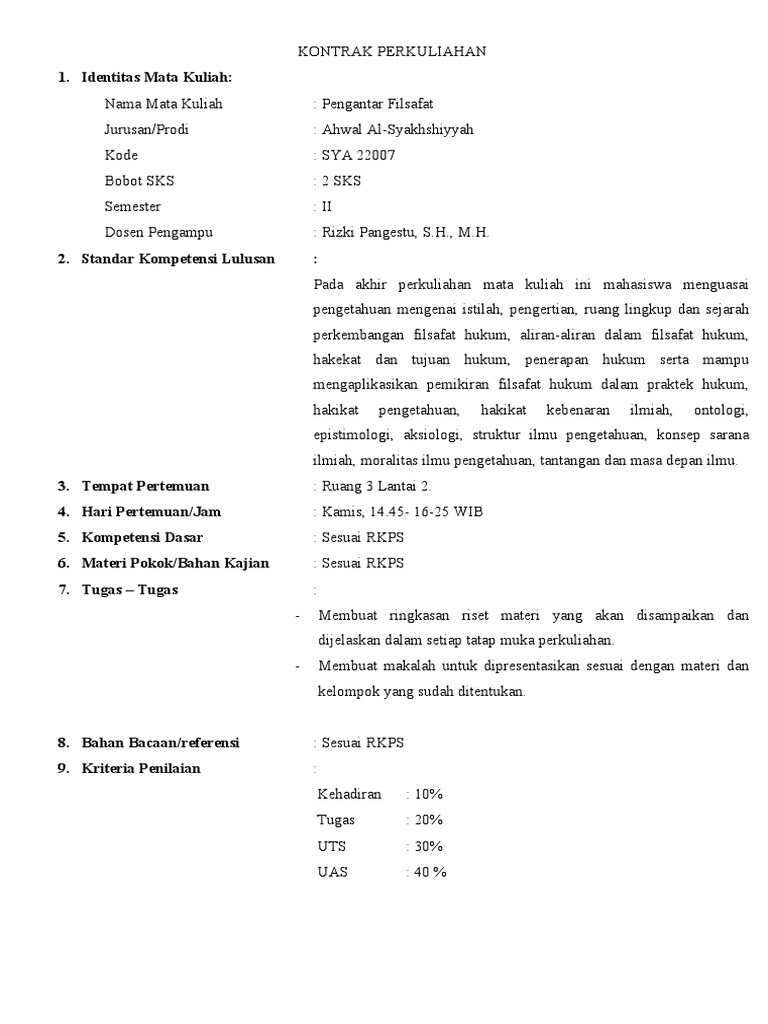 Kontrak Kuliah Dan RPS Pengantar Filsafat-1 | PDF