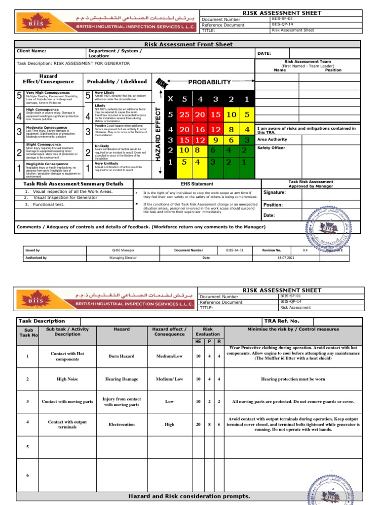 Biis-Sf-03-Risk Assessment Form-Generator | PDF | Risk Assessment | Risk