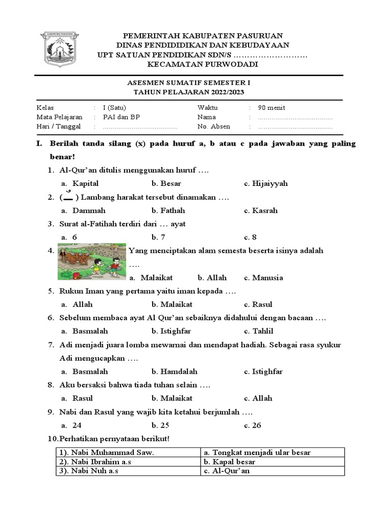 Soal Asesmen Ganjil Pai Kurmer Kelas 1 & 4 | PDF