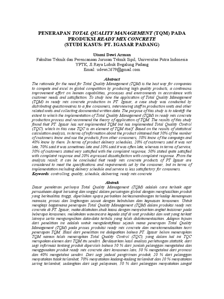 Penerapan Total Quality Management (TQM) Pada Produksi Ready Mix Concrete (Studi Kasus: Pt ...
