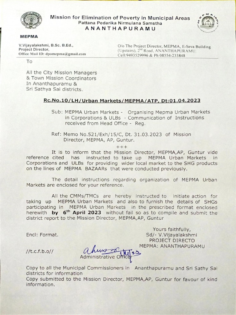 Anan Thapuramu: RC - No.10/LH/Urban Markets/MEPMA/ATP, Dt:01.04.2023 | PDF