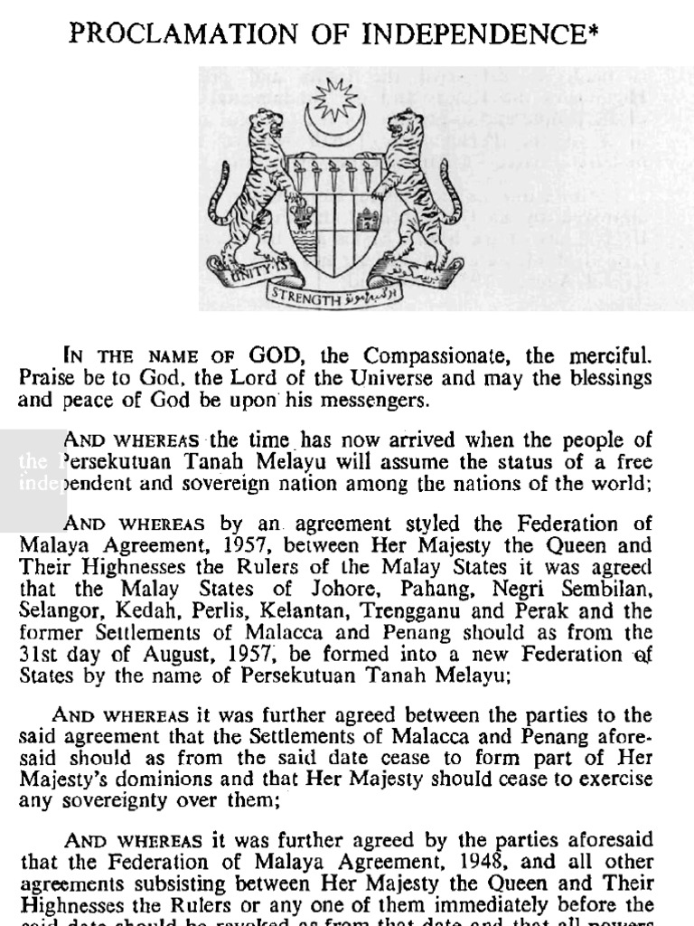 Malaya's Independence Proclamation 1957 | PDF | Malaysia | Legal Documents