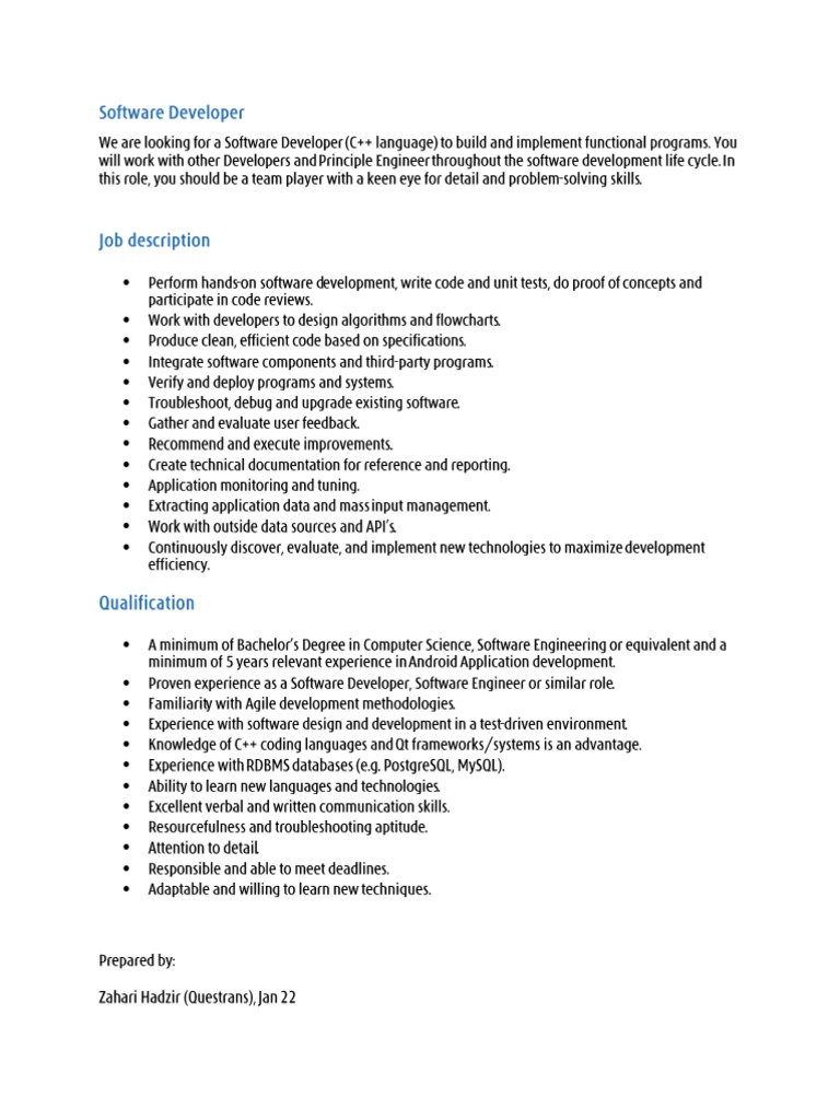 Job Description Software Developer | PDF