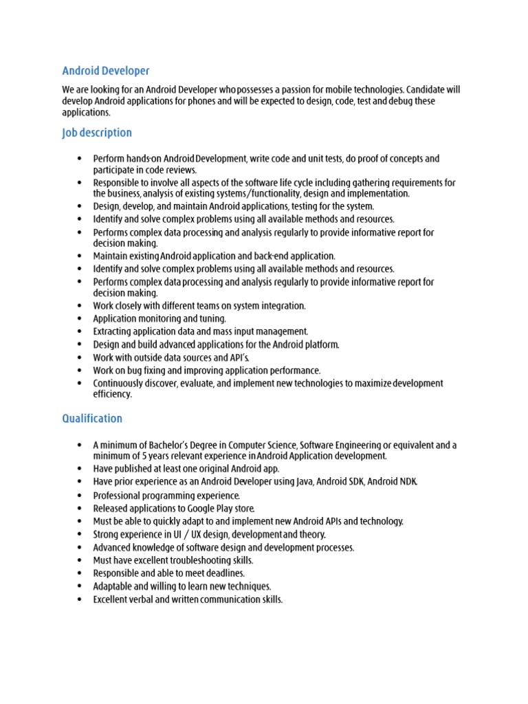 Job Description Android Developer | PDF