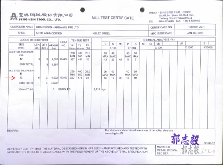 Mill Cert For 12mm Square Bar | PDF