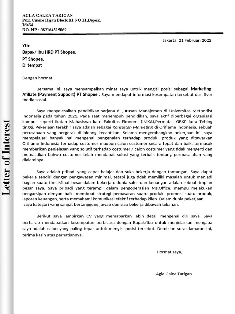 Letter of Interest PT Shopee | PDF