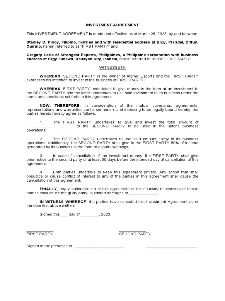 Investment Agreement | PDF | Civil Law (Common Law) | Civil Law (Legal ...