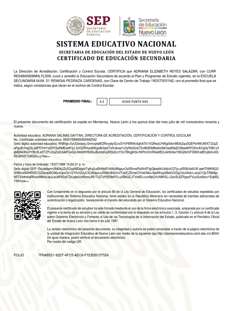 Certificado Original Adriana Elizabeth Reyes Salazar | PDF