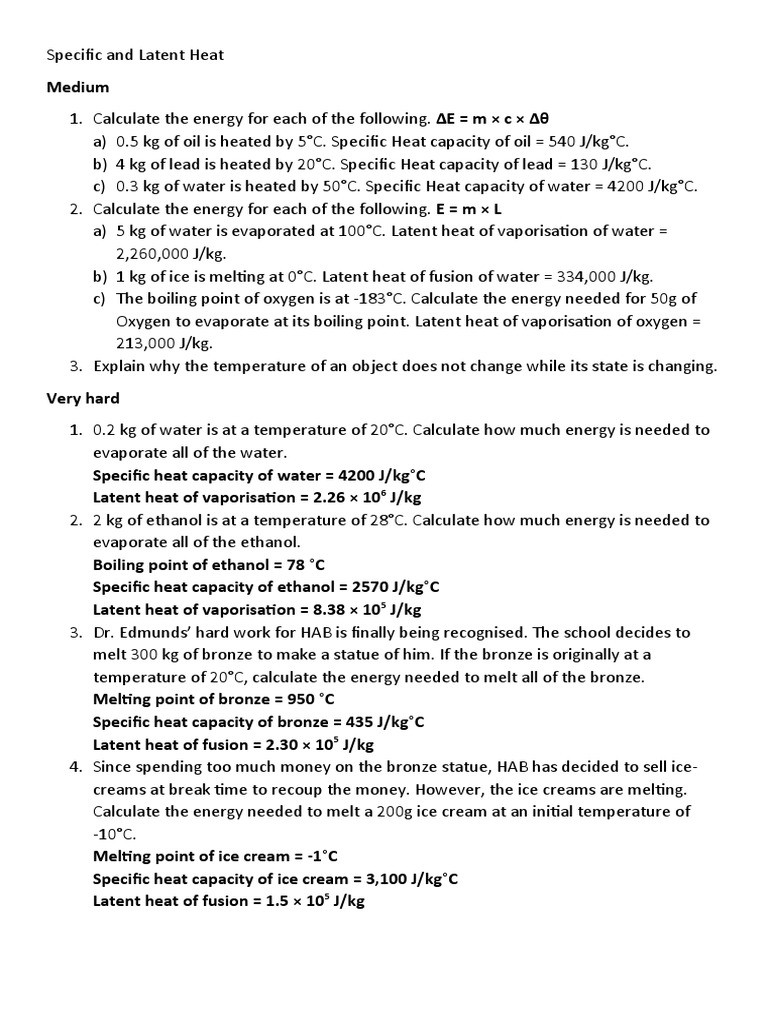 Specific and Latent Heat Worksheet | PDF