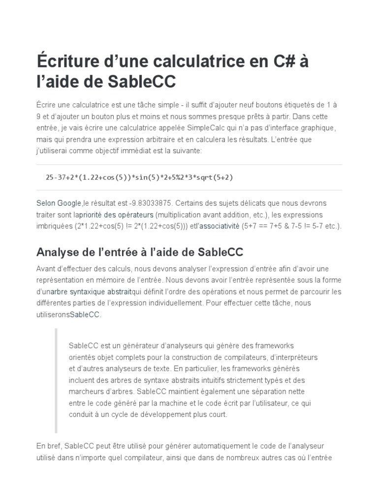 Écriture D'Une Calculatrice en C# À L'Aide de Sablecc | PDF | Java (Langage de programmation ...
