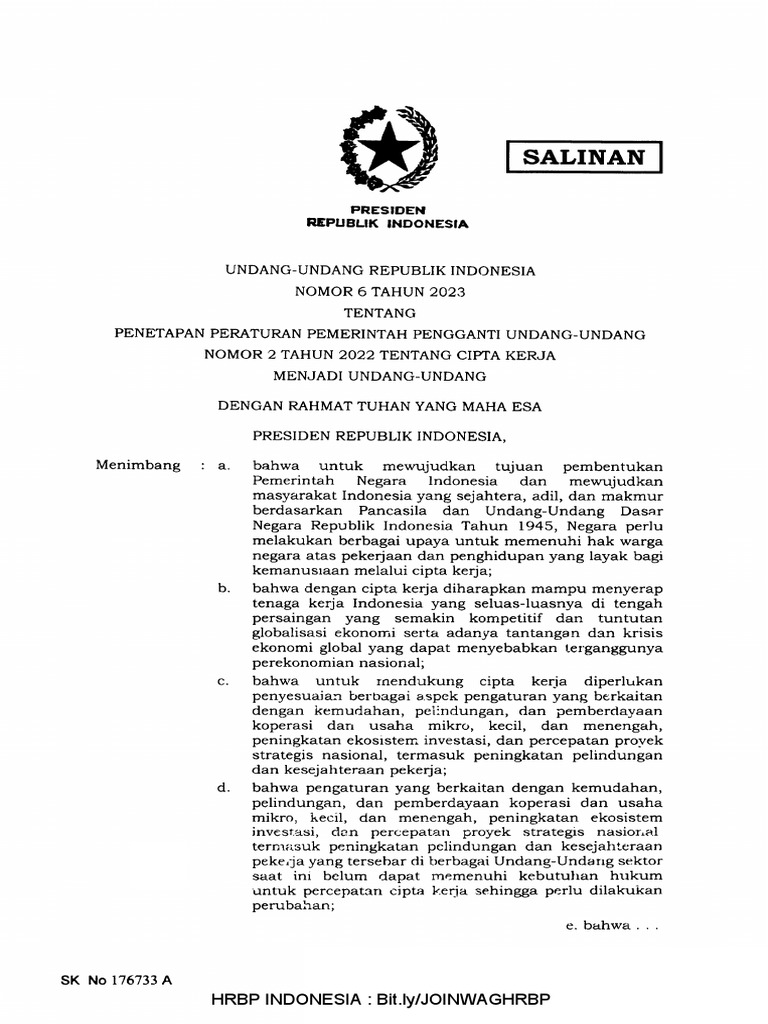 Uu Cipta Kerja Klaster Ketenagakerjaan Uu No 6 Thn 2023 Pdf