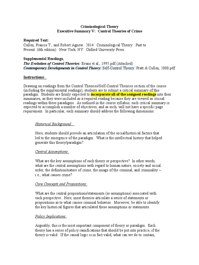 Criminological Theory Executive Summary V: Control Theories of Crime ...