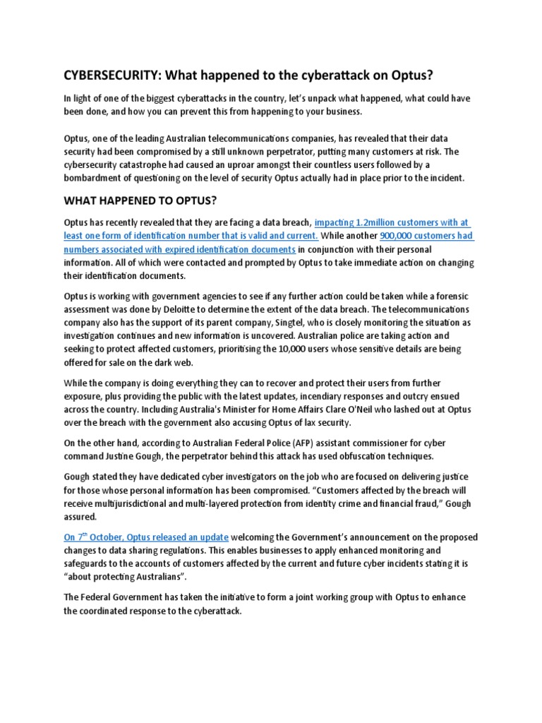 CYBERSECURITY What Happened To The Cyberattack On Optus | PDF | Security | Computer Security