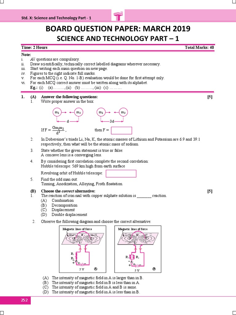 Science (Paper 1) March 2019 - STD 10th SSC Maharashtra Board Question ...