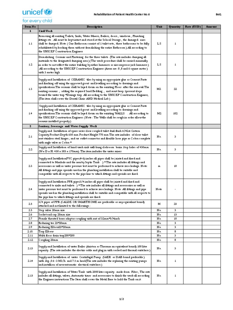 Annex II Rehabilitation of Patient Health Centre No. 6 - Project BoQ ...