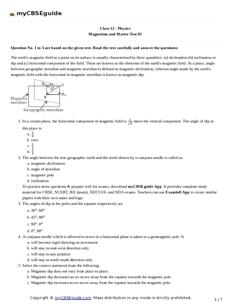 12 Physics Magnetismandmatter tp01 | PDF | Magnetism | Magnetic Field