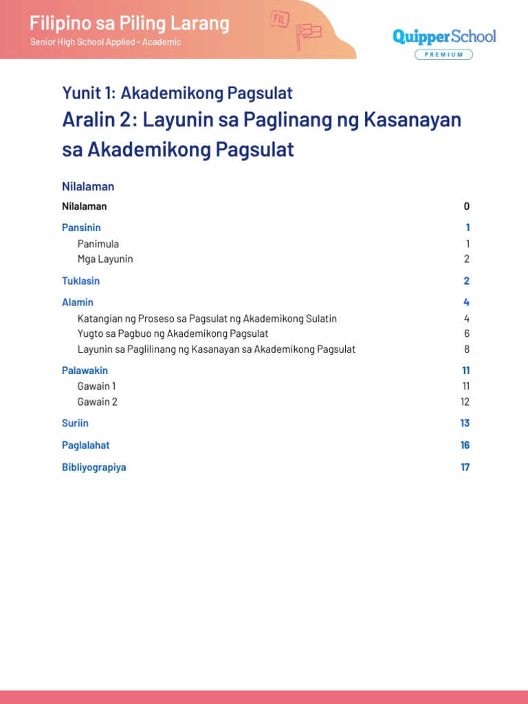SG - FPL 11 - 12 Q1 0102 - Layunin Sa Paglinang NG Kasanayan Sa Akademikong Pagsulat 6 | PDF